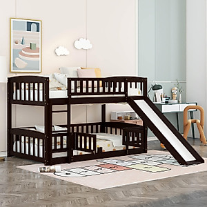 Harper & Bright Designs Low Bunk Beds Twin Over Twin, Kids Bunk Bed with Slide, Fence and Ladder, Wood Toddler Bunk Beds for Girls Boys, Espresso