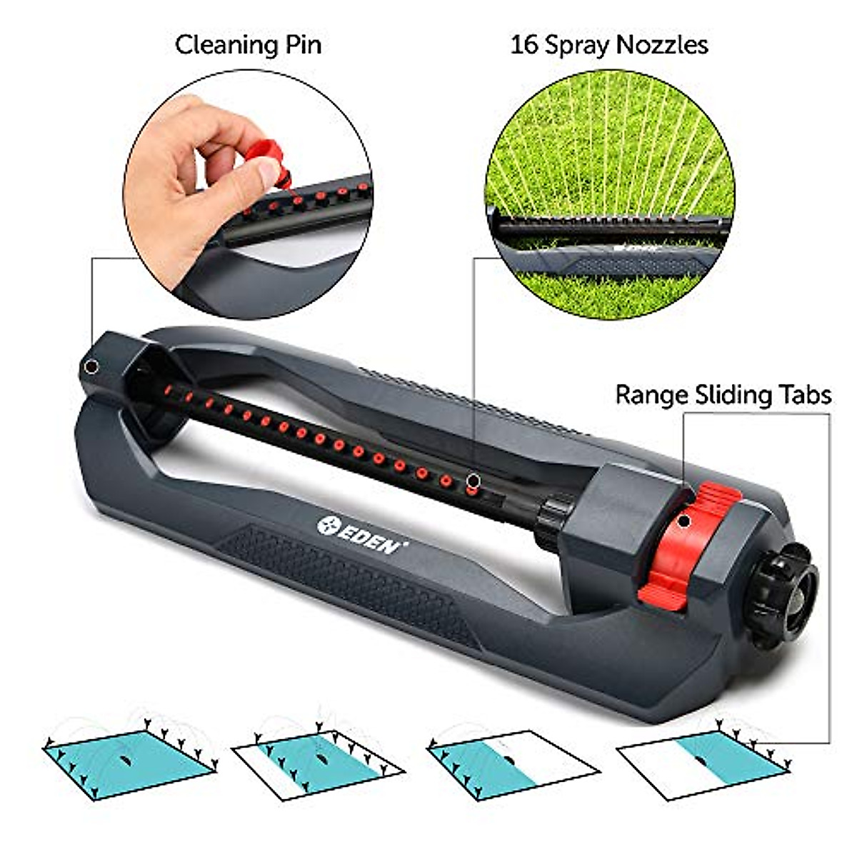 Eden 94113 Lawn & Garden Essential Oscillating Water Sprinkler For Yard W/Quick Connect Starter Set, 16 Nozzles, Covers up to 3,600 sq. ft, Heavy Weight Base