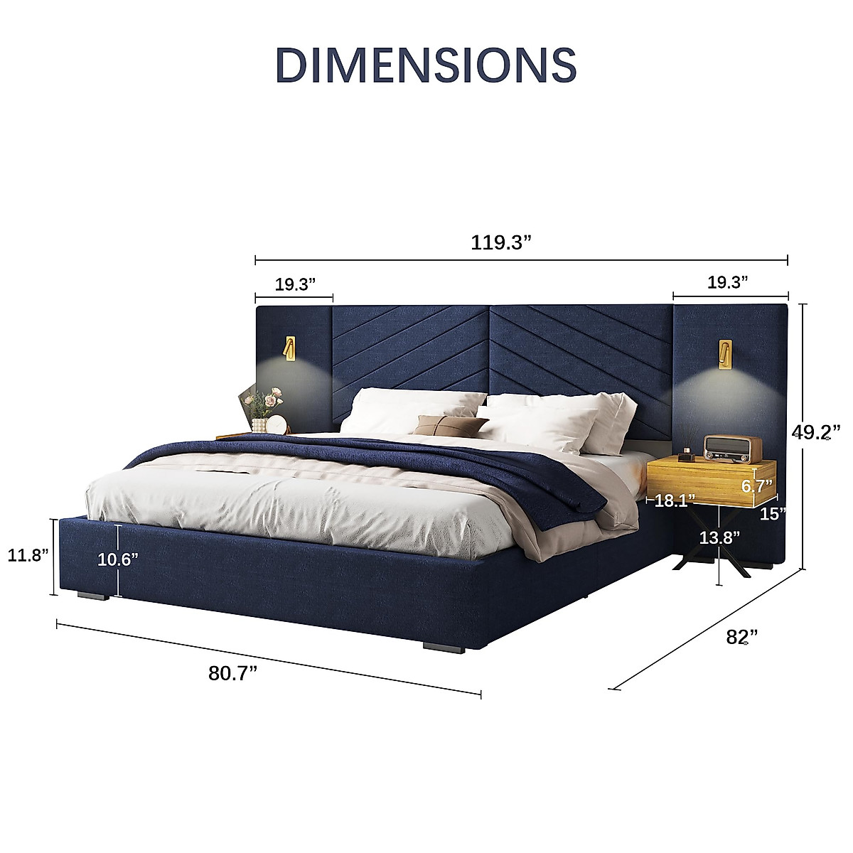 DEINPPA Luxury Bed Frame with Built-in Gold LED Lights and Nightstands, King Size Platform Bed with Oversize Upholstered Headboard, No Box Spring Needed-Royal Blue