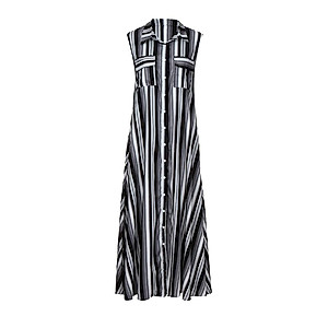 F_Gotal Womens Casual Long Maxi Sundress, Rainbow Button Down Roll up Sleeve Dress, Stripes Loose Maxi Pockets Dresses