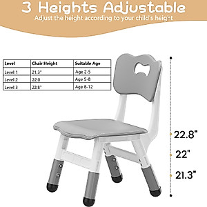 Kids Chair Set of 2, 3 Level Height Adjustable Kid Chair, Plastic Toddler Chairs for Children Boys Girls Age 2-6, Suitable for Home Family Classroom Nursery Indoor Use, Grey