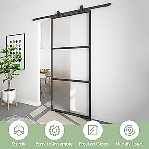 BARNSMITH 36in x 84in Frosted Glass Barn Door with 6FT Top Mounted Hardware kit Include Soft Close Mechanism Black Carbon Steel Tempered Frosted Glass Sliding Door, Assemble Required Easy Installation
