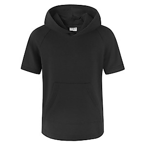 Spring&Gege Boys Light Weight Short Sleeve Hoodie Casual Solid Pullover Hooded T-shirt with Pocket, Black, 9-10 Years