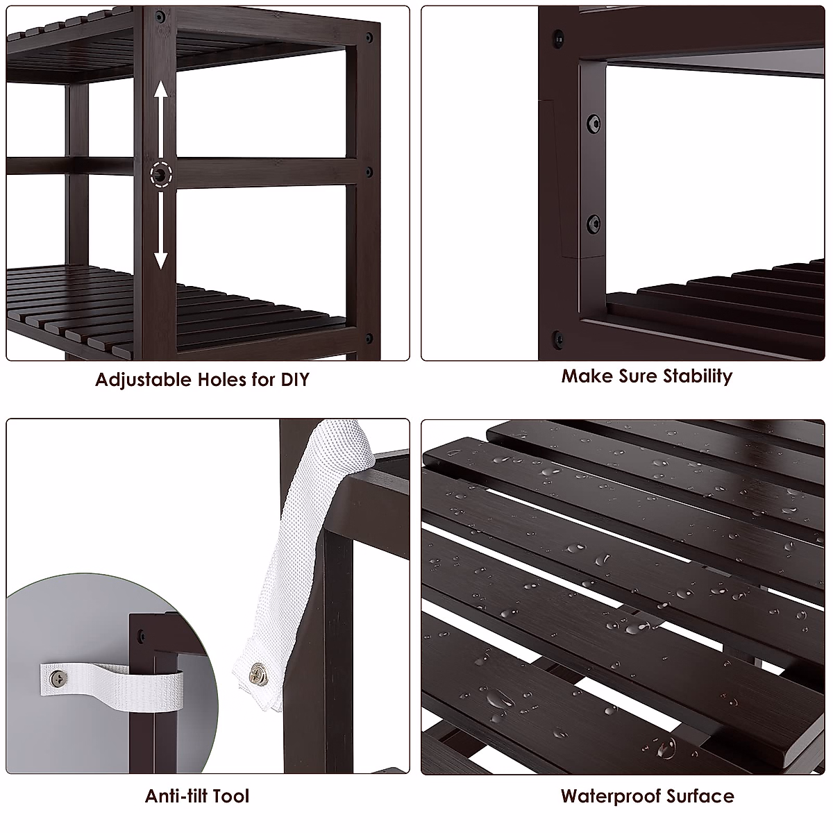 Bamjoy Bamboo Shelf, 6 Tier Bookcase Storage Shelves, Tall Book Rack Shelving Unit, Multipurpose Storage Display Shelf Adjustable Storage Rack for Bathroom Home Office Living Room Kitchen, Dark Brown