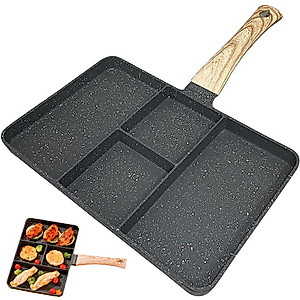 RHua Granite Coating Divided Non Stick Skillet, Less oil Smoke-free Breakfast Grill Pan, Egg Frying Non-stick Frypan, PFOA Free, Suitable for All Gas Stove Induction Cooker (Black)