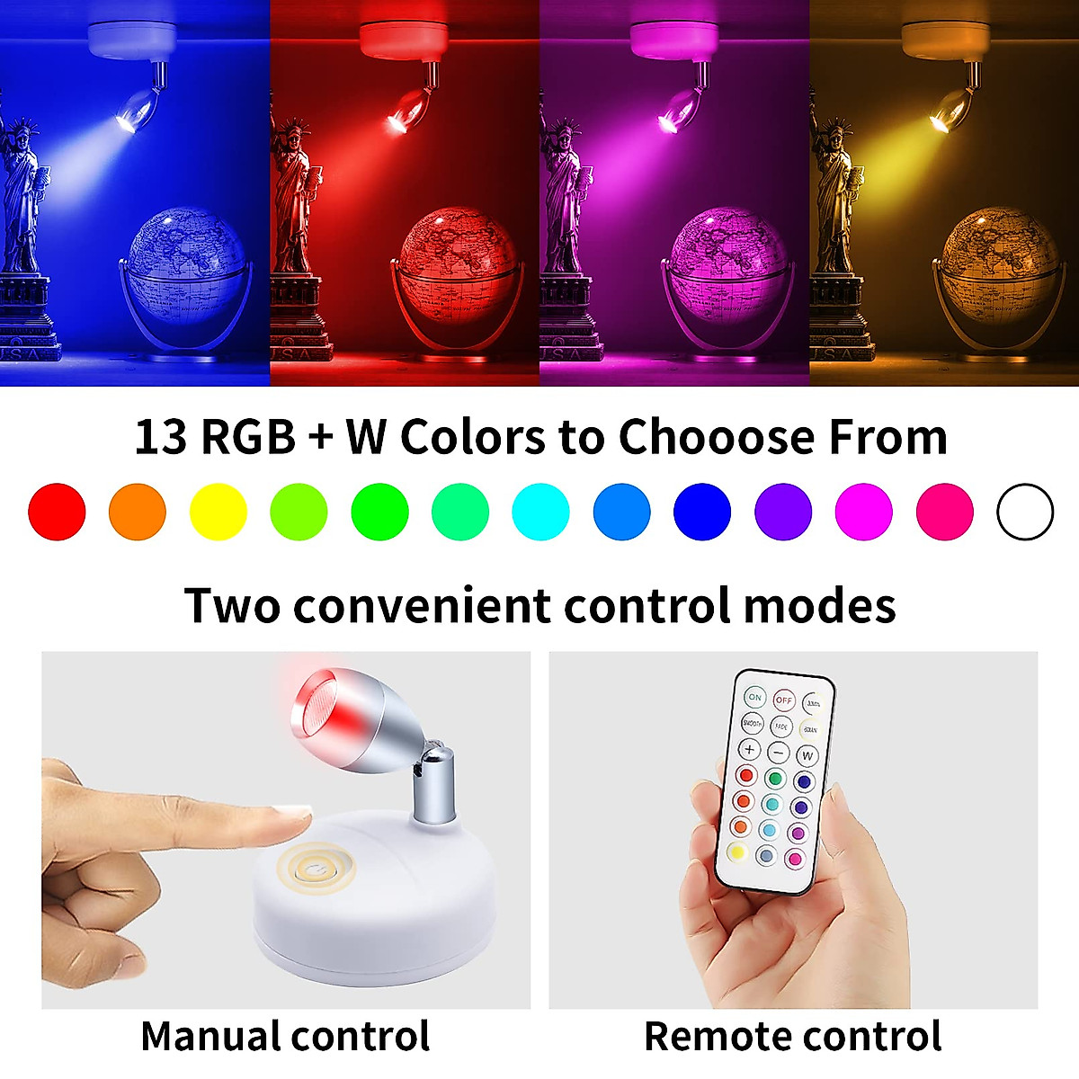 HFCDL Small Spotlight Battery Operated Accent Light with Remote, RGB LED Wireless Little Spot Light Rotatable with Dimmer & Timer for Artwork Painting