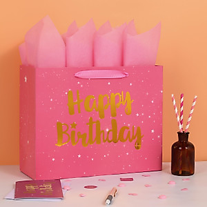 13" Large Pink Gift Bag Set with Greeting Card and Tissue Papers (Stars and Gold Foil ‘Happy Birthday’) for Women's Party, Girls' or Kids' Birthday Parties, Baby Girl, Baby Shower - 13”x5.2”x10.2”, 1 Pcs.