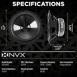NVX® VSP65KIT 6.5" Premium Car Speakers, 750W Max, 250W RMS, 2-Way 6-1/2 inch Component System w/ 1" Silk Dome Tweeters & Passive X-Overs, Easy to Install in Cars/Trucks/Doors (Pair)