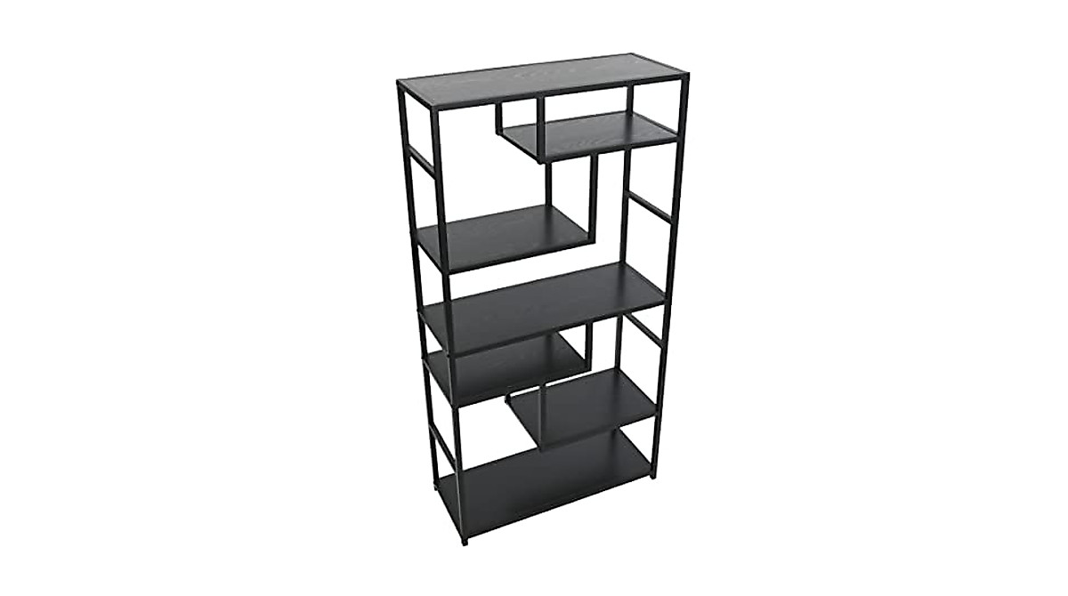 Black Oak Geometric Tall Open Book Shelf - Modern Design