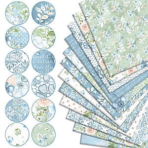 Whaline 12Pcs Floral Cotton Fabric Bundles Blue Pink Green Retro Flower Printed Fat Quarters Spring Sewing Fabrics for DIY Handmade Crafting, 18 x 22 Inch