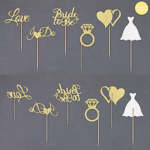 Gexolenu 24 Pcs Bride To Be Cupcake Toppers Gold Glitter Double-Sided I Do Love Heart Diamond Ring Cupcake Picks Decorations For Bridal Shower Wedding Engagement Party Supplies