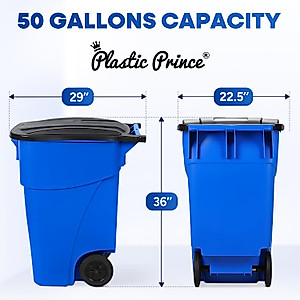 PLASTIC PRINCE 50-Gallon Recycle Rollout Trash Can with Lid, Commercial Heavy-Duty Whelled Outdoor Garbage Can, Blue