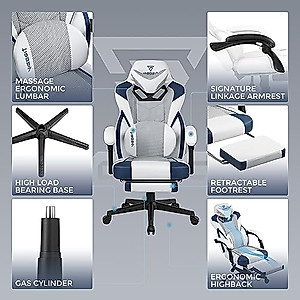 Vigosit Gaming Chair PRO- Gaming Chair with Footrest, Mesh Gaming Chair for Heavy People, Ergonomic Reclining Gamer Computer Chair for Adult, Big and Tall Office PC Chair Gaming (White Blue)