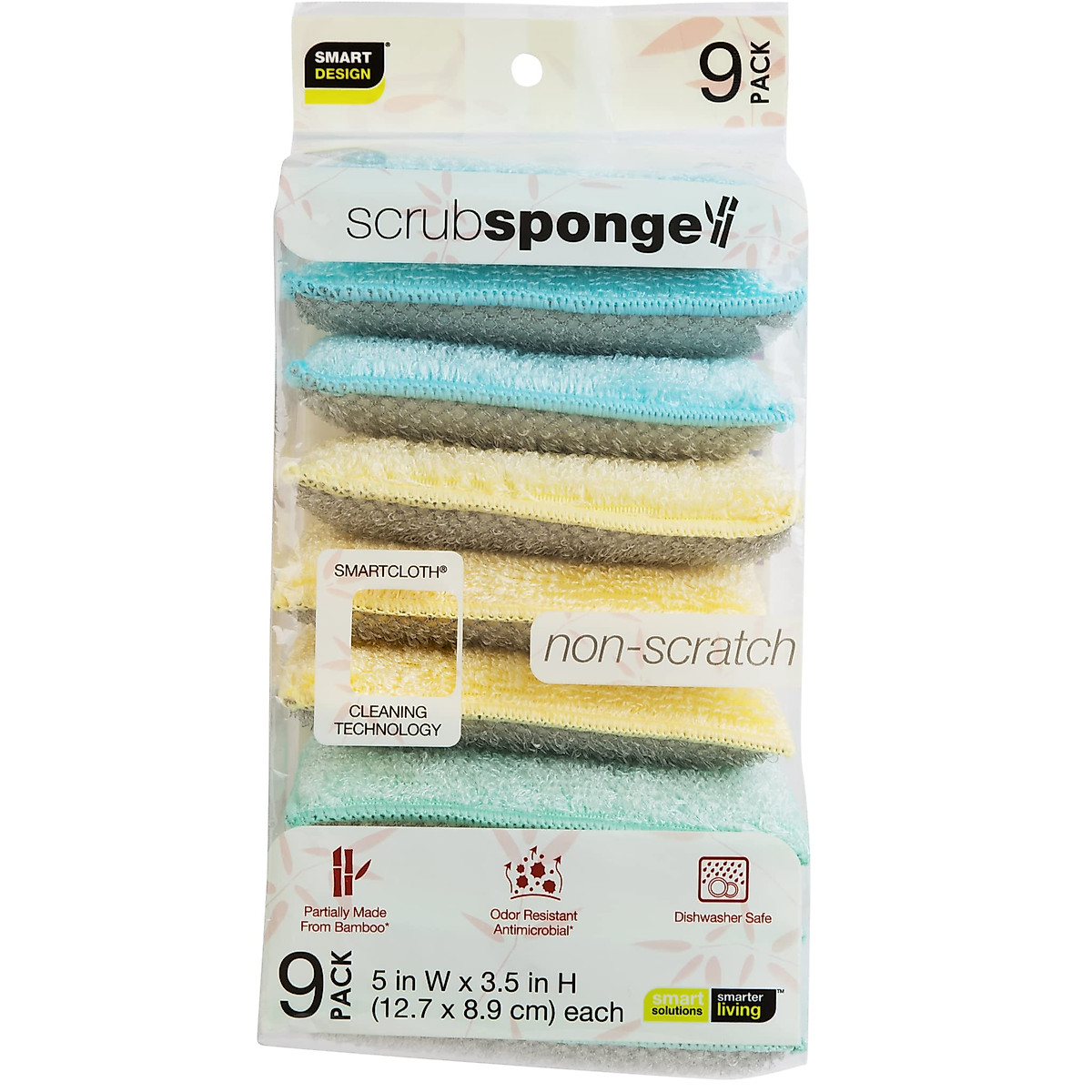 Smart Design Heavy Duty Scrub Sponge with Bamboo Odorless Rayon Fiber - Set of 9 - Ultra Absorbent - Soft and Metallic Scrub - Cleaning, Dishes, and Hard Stains - Spring - Yellow, Mint, Blue