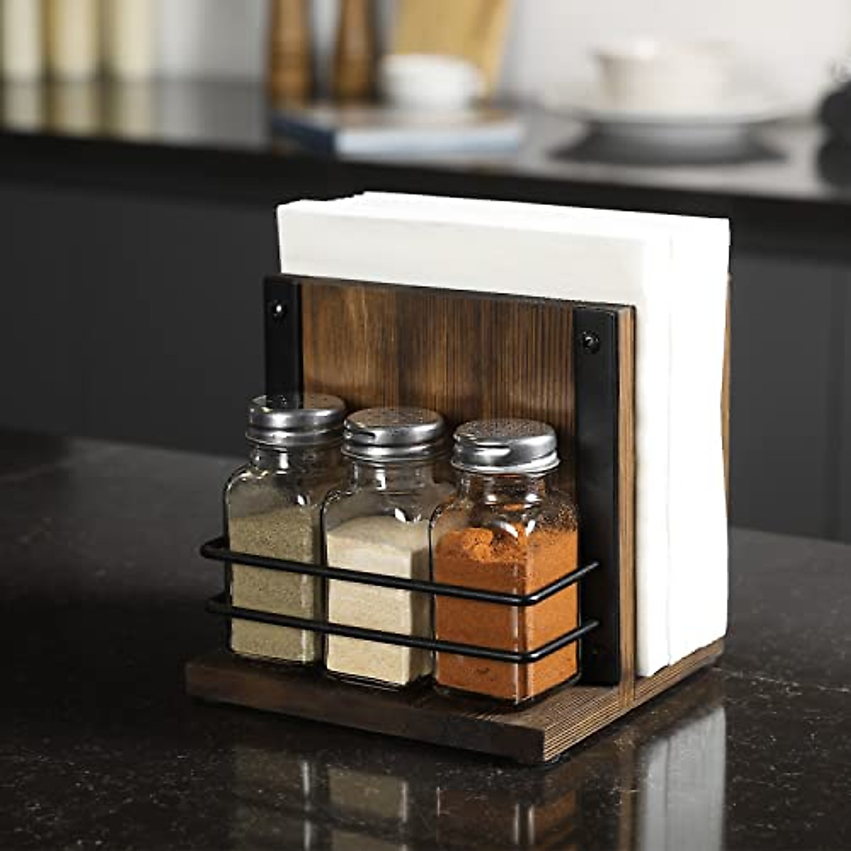 MyGift Rustic Burnt Solid Wood Napkin Holder and Salt & Pepper Caddy, 4 Piece Set Dining Tabletop Napkin Dispenser with Condiment Caddy and 3 Glass Bottle Shakers