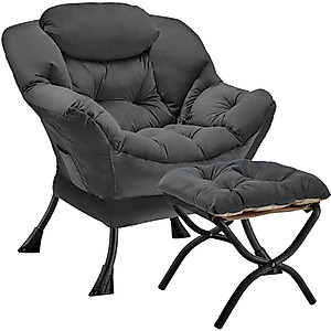 Congermom Lazy Chair with Folding Ottoman Modern Large Accent Chair,Contemporary Lounge Leisure Sofa Chair with Armrests Upholstered Sofa Armchair Reading Chair for Bedroom,Dorm & Office,Dark Grey