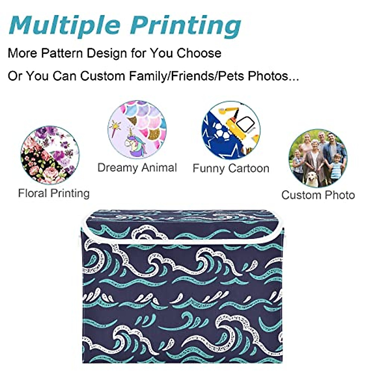 CaTaKu Sea Waves Dark Blue Storage Bins with Lids Fabric Large Storage Container Cube Basket with Handle Decorative Storage Boxes for Organizing Clothes Shelves