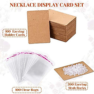 Earring Cards, Anezus 100 Pcs Earring Display Cards Earring Holder Cards with 200 Earring Backs and 100 Self- Sealing Bags for Earrings Necklace Jewelry Display, Kraft Color 3.5x2.4 Inches