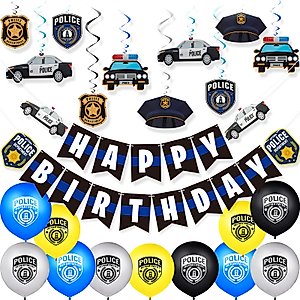 32 Pieces Police Birthday Party Decorations Set Police Party Swirls Set Including 20 Police Party Latex Balloons 2 Police Banners 10 Police Hanging Swirls for Police Themed Birthday Party