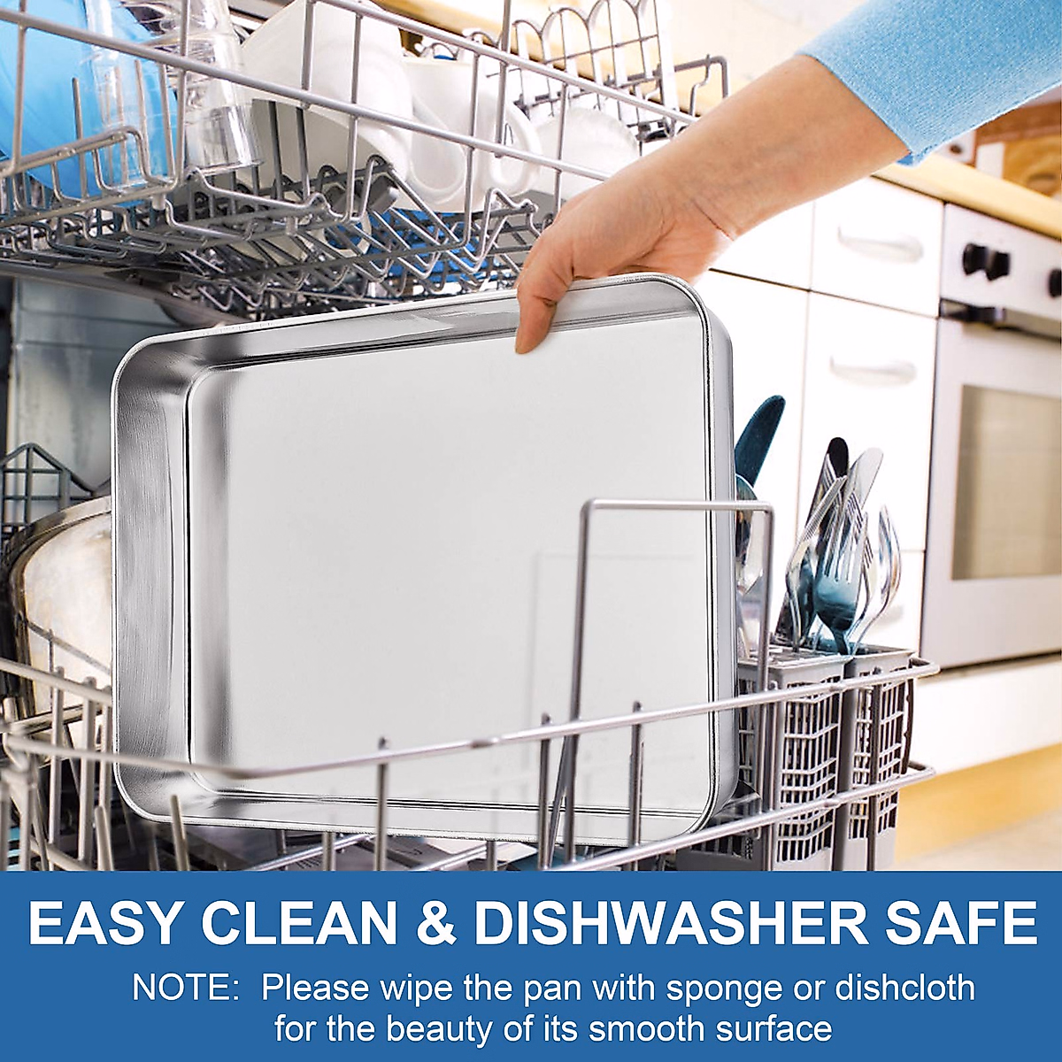 P&P CHEF Baking Sheet Rectangular Cake Pan, Stainless Steel Lasagna Pan for Lasagna Brownie Fish Meats, 9.7-inch by 12.3-inch, Heavy Duty & Easy Clean, Rectangle - Silver