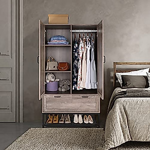 Karl home Armoire Wardrobe Closet, Freestanding Clothing Armoire with 2 Hanging Rods Doors Adjustable Shelves 1 Large Drawer Open Compartment, Wooden Retro Grey Clothes Cabinet for Bedroom Storage