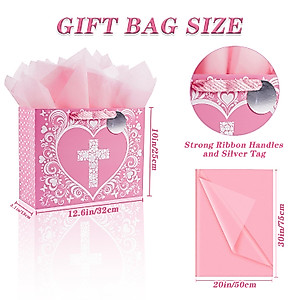JWSCYSY 12.6" Large Pink Gift Bag with Metallic Silver Floral Cross Design, Card and Tissue Paper for Baby Girl Baptisms, Christenings, First Communions Religious