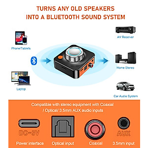 KAIY Bluetooth Audio Receiver, 3D Surround HiFi Music Streaming, 3.5mm AUX, Optical, Coaxial, TF Card Compatible, 33ft Range, No Battery