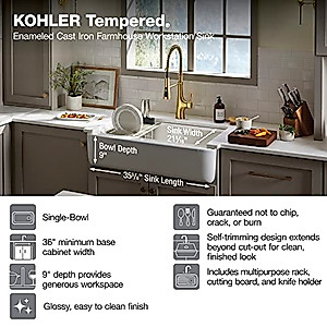 Kohler K-28874-0 Kohler K-28874 Tempered 35-5/8" x 21-5/16" x 9" Undermount Single-Bowl Farmhouse Workstation Kitchen Sink with Tall Apron