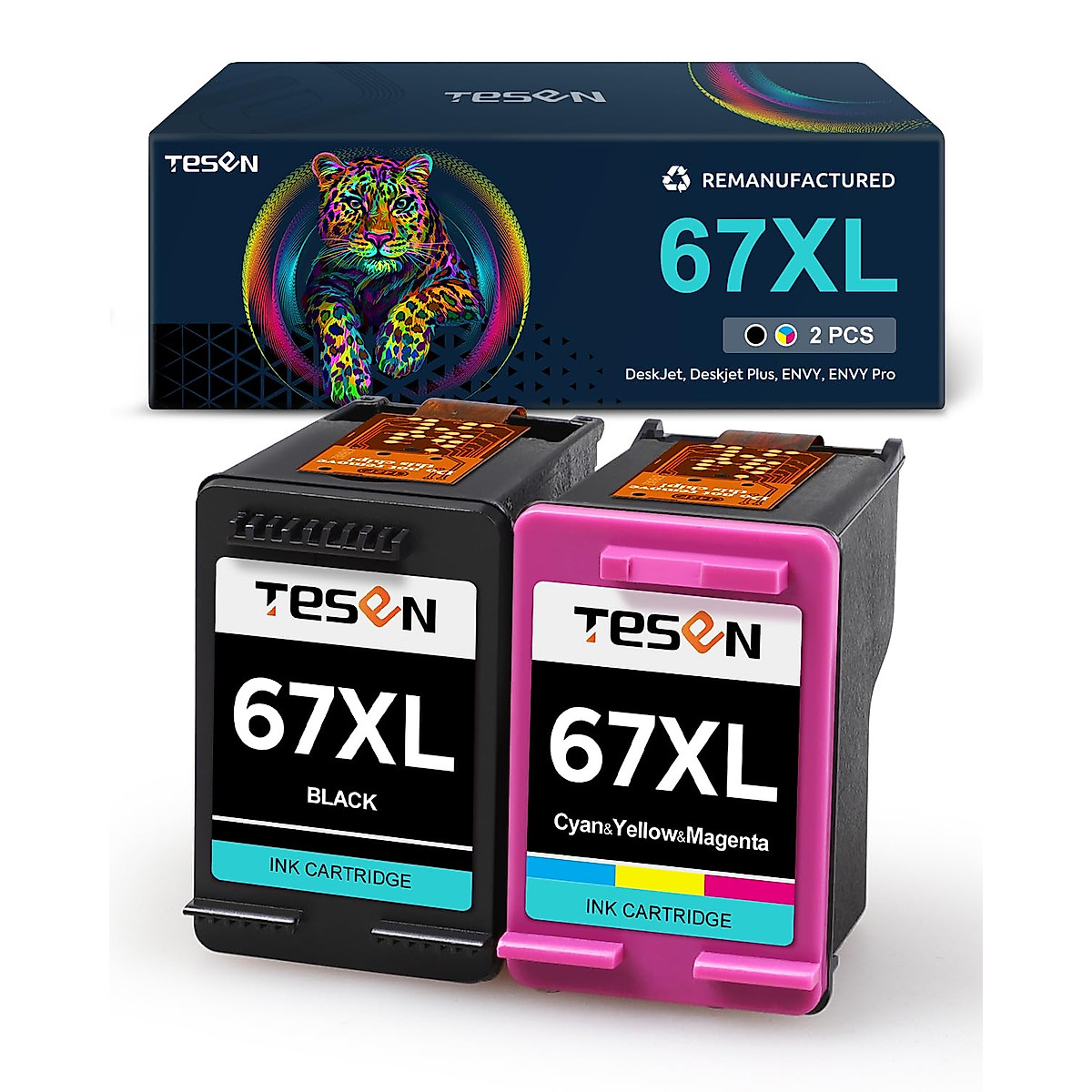 TESEN 67XL Remanufactured 67XL Ink Cartridge Replacement for HP 67XL 67 XL Use with HP Envy 6030 6034 6075 DeskJet 1255 2723 2755 Plus 4122 4140 Printer Ink (2 Pack, 1 Black+1 Color)