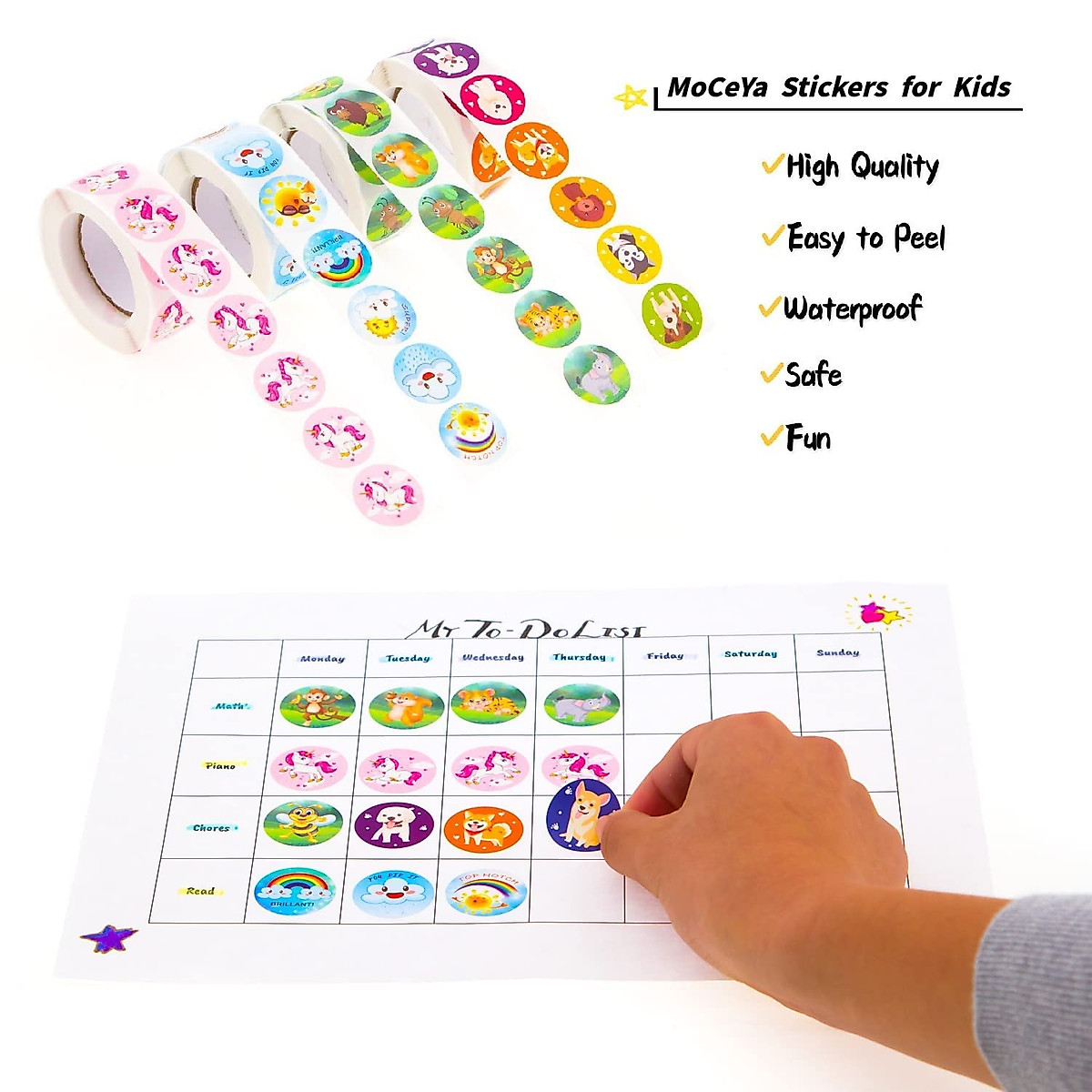 Kids Stickers Inspirational Stickers Rolls- 2000 Pcs MoCeYa Stickers for Kids Motivational Stickers for Toddler Weather Unicorn Pony Animal Dog 1" Diameter with Box
