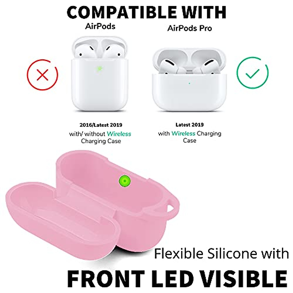Blaspins Airpods Pro 2nd/1st Generation Case Cover with Keychain 2022/2019, Soft Silicone Skin Cover Full Protective Shock-Absorbing Case Carabiner for New Airpods Pro Case [Front LED Visible] - Pink