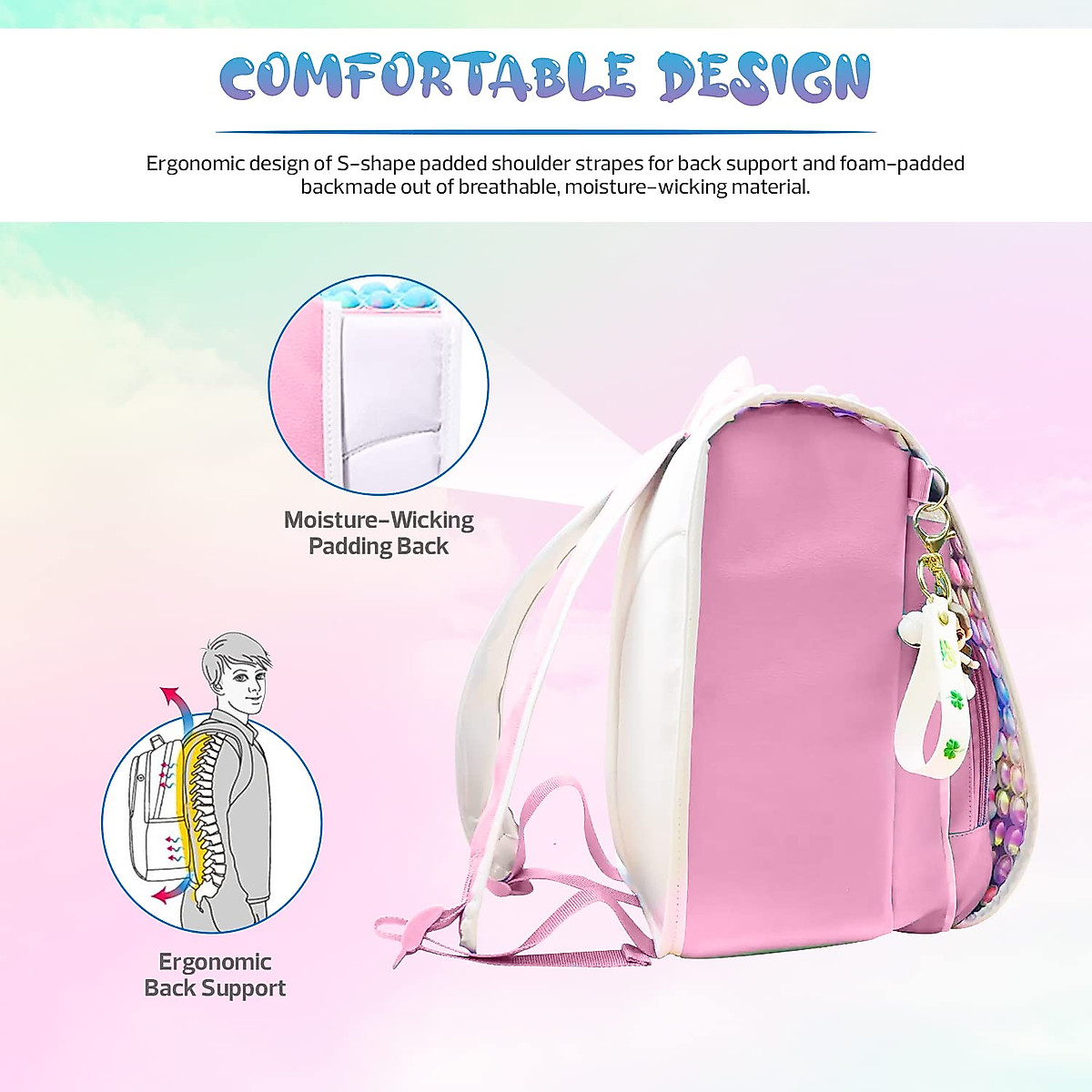 AmazTree Rainbow Pop On It School Backpack | Fidget Backpack for Kids, Teenagers Girls & Boys with Strap Adjustable Waterproof Book Bags | ADHD Anxiety Relief School Book Bags for Kids (PINK)