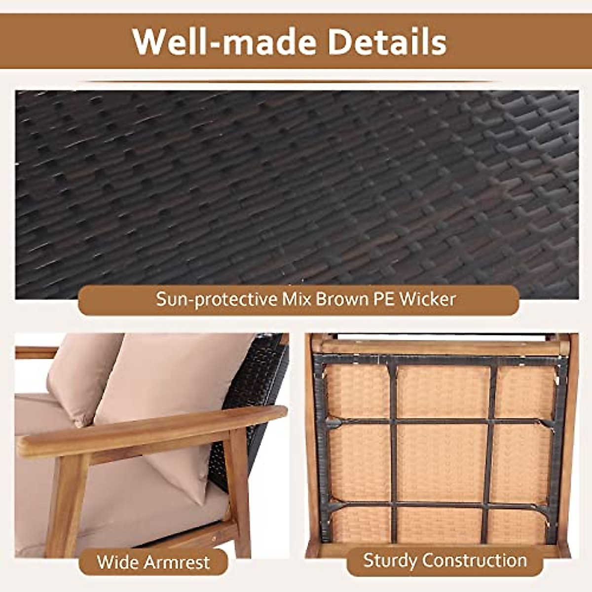 Tangkula 4-Piece Patio Furniture Set, Outdoor Acacia Wood Conversation Set with Cushions and Coffee Table, Outdoor PE Wicker Sectional Sofa Set for Garden, Poolside and Backyard (1, Beige)