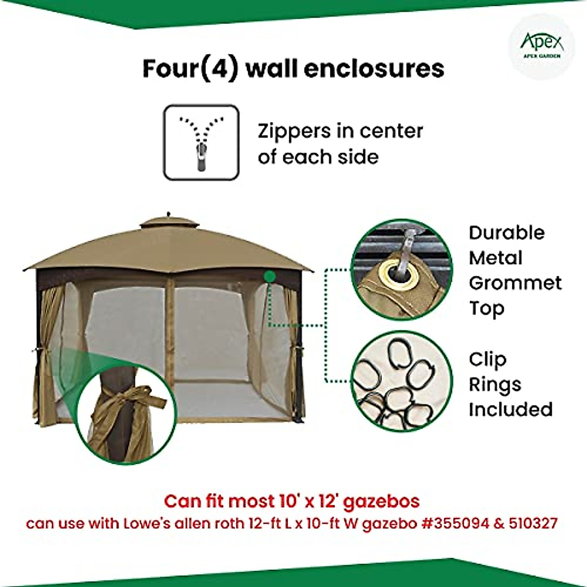 APEX GARDEN 10 Ft. x 12 Ft. Gazebo Replacement Mosquito Netting (Mosquito Net Only)