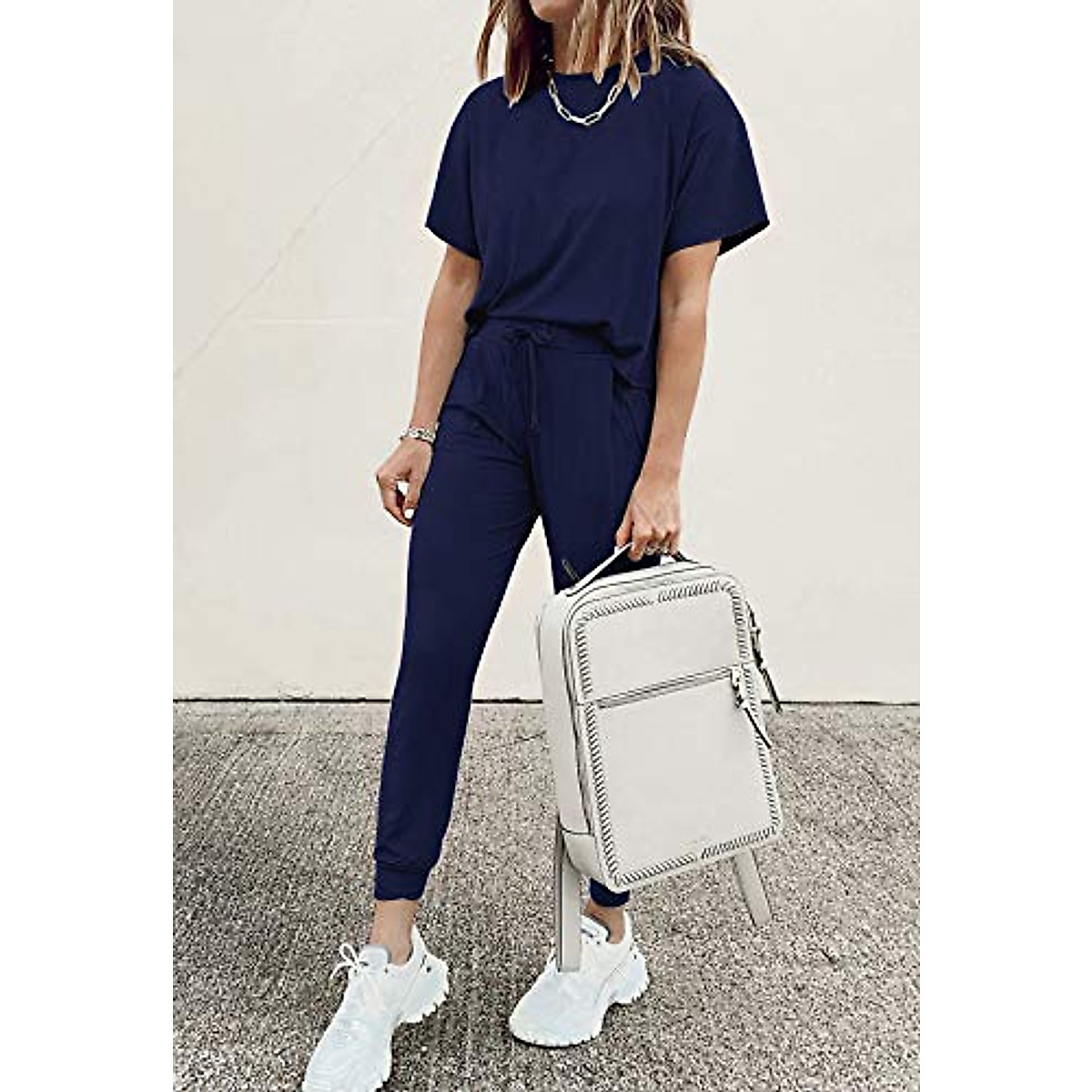 PRETTYGARDEN Women's Two Piece Outfit Short Sleeve Pullover with Drawstring Long Pants Tracksuit Jogger Set (Navy,Large)