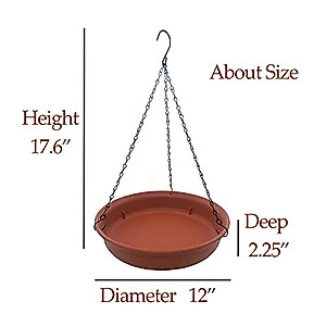 Hanging Bird Bath for Outdside, 12" in Diameter × 2.25" Deep Brick Red Bird Bath Tray,Made of PP Material with 15.7" Antirust Paint Black Chain for Garden Yard Decoration