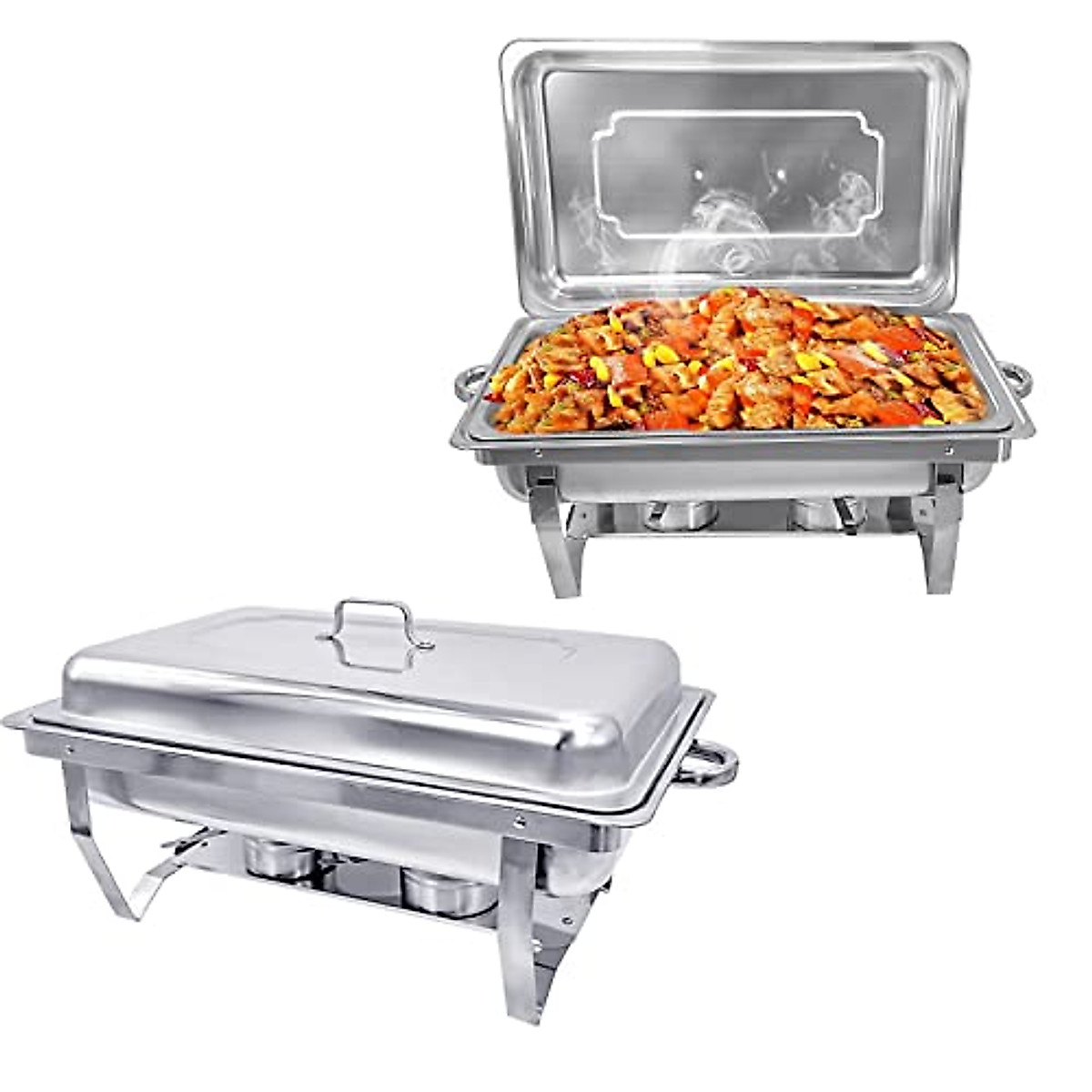 JSTUOKE Chafing Dish Buffet Set, 8QT 2 Pack, Stainless Steel Chafer, Rectangle Catering Warmer Server w/Lid Water Pan Folding Stand Fuel Tray Holder Spoon Clip, Each Serves 8 People Minimum