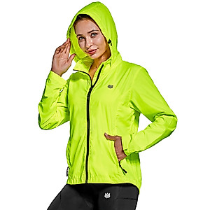 FitsT4 Sports Women's Cycling Running Jackets Lightweight Windproof Bike Windbreaker Reflective with Hood Fluorescent Yellow Size S
