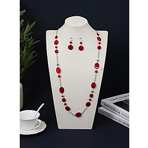 Jules D. Long Link Chain Multi Colorful Red Green Blue Necklace Earring Set Crystal Shell Stone Beads Statement Necklace for Women Gift (Red)