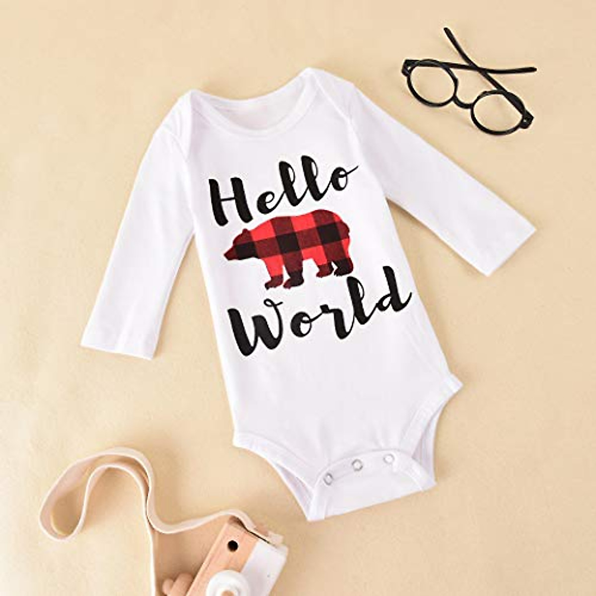 Newborn Baby Boy Winter Clothes Hello World Letter Print Baby Bear Outfits Buffalo Plaid Pants Hat Christmas 3PCS Sets (Hello World, Preemie)