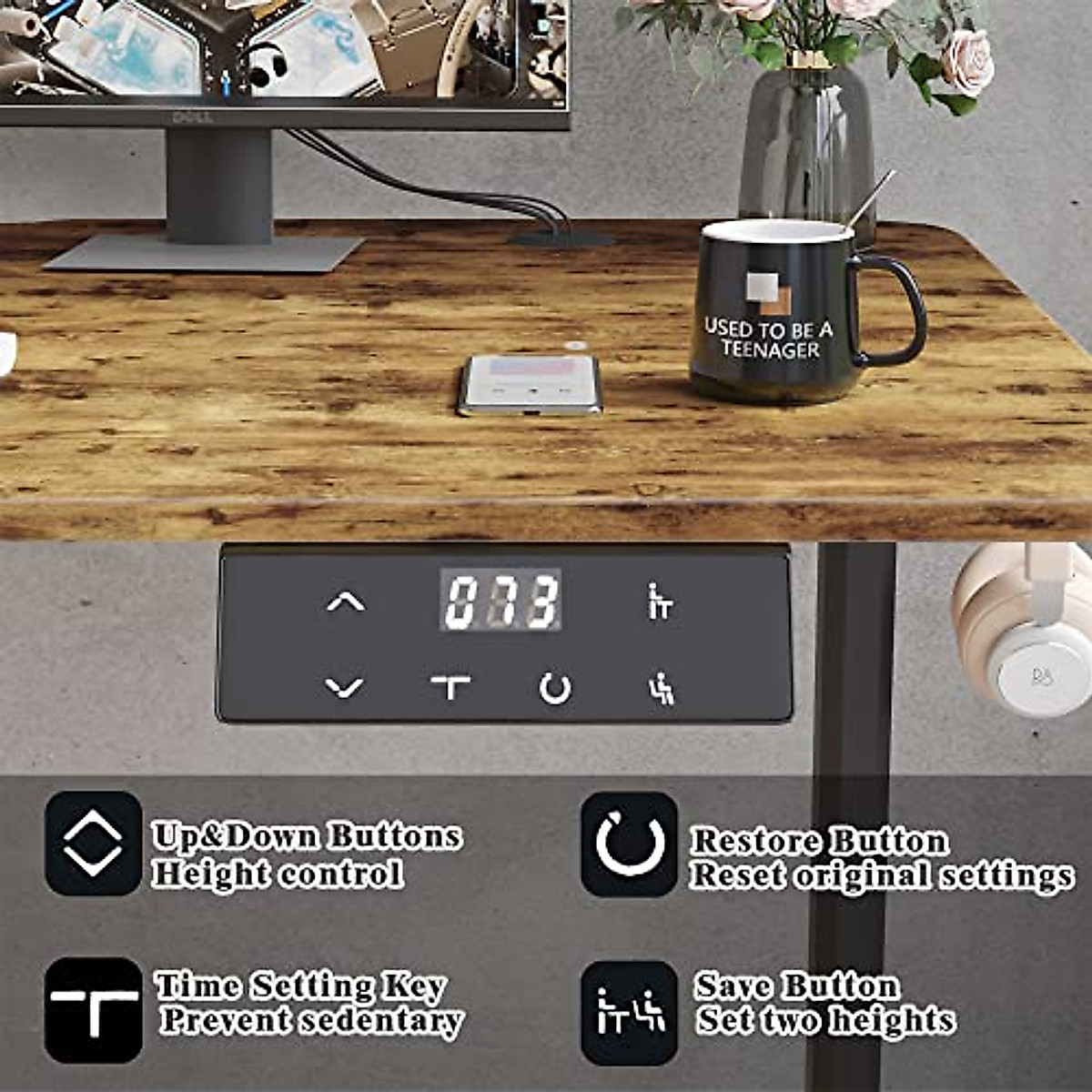 YESHOMY Electric Standing Desk Height Adjustable Table Ergonomic Home Office Workstation with Cup Holder and Headphone Hook, 55", Rustic Brown