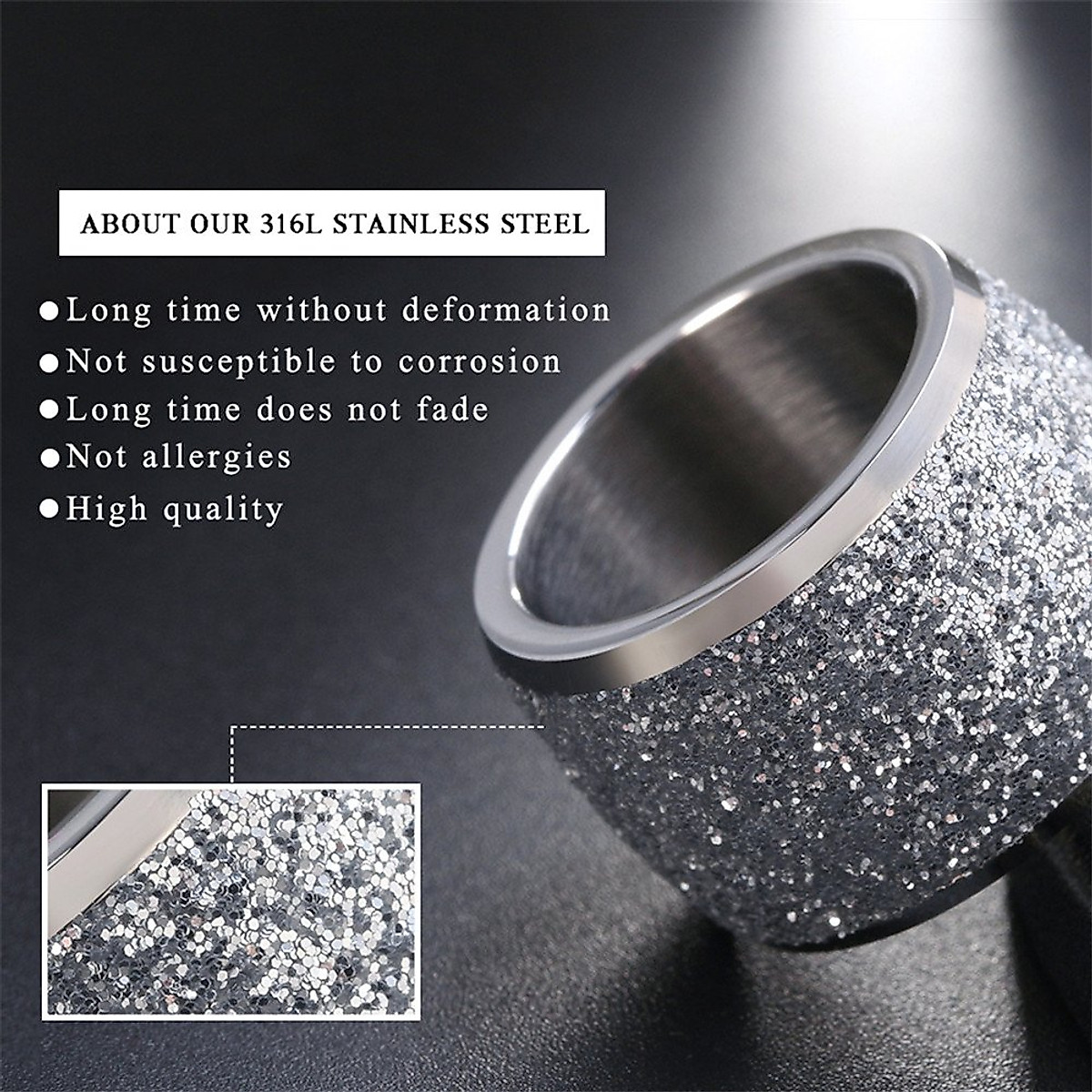 INRENG Women's Stainless Steel Ring Shiny Sequins Pave Sandblast Wide Wedding Band Silver Size 9