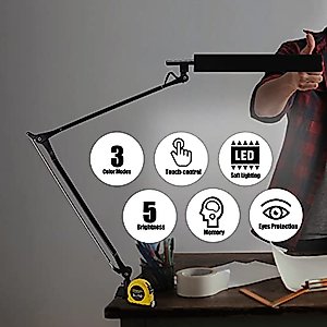 Amzrozky Swing Arm Drafting Table Lamp with Clamp,LED Desk Lamps for Home Office, Eye-Caring Dimmable Workbench Architect Task Lamp, Tiltable LED Panel Head,Touch Control,Memory Function,Black