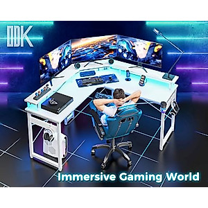ODK L Shaped Gaming Desk with LED Lights & Power Outlets, 51" Computer Desk with Full Monitor Stand, Corner Desk with Cup Holder, Gaming Table with Hooks, White Carbon Fiber