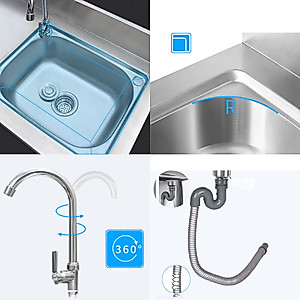 Commercial Sink Basin w/Faucet Catering Prep Table Kitchen Shelf Stainless Steel Outdoor Sink Freestanding with 2 Shelves 2 Drainer for Garage,Restaurant