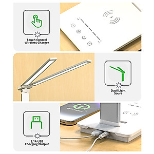 HSicily LED Desk Lamp with Wireless Charger, Double Head Desk Lamps for Home Office, Bright Desk Lamp with USB Charging Port for College Dorm Room, 5 Light Modes Desk Light with Timer, Night Light