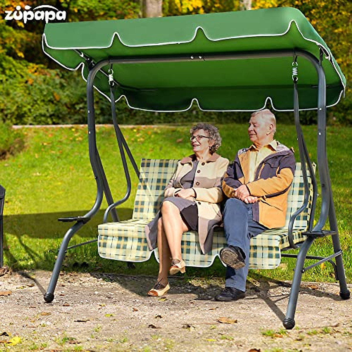 Zupapa Upgraded Outdoor Patio Swing Chair w/Thickened 3-Person Armrest Seat, Canopy Swing w/Adjustable Shading, Reinforced Powder-Coated Swing Sets for Backyard, Porch, Poolside, Balcony - Checked