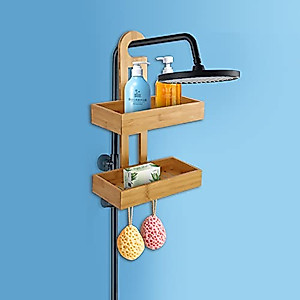Mgorgeous Bamboo Hanging Shower Caddy, Natural & Waterproof Bamboo Shower Rack w/ 2 Storage Baskets & 2 Hanging Hooks, 2-Tier Bathroom Shower Organizer Holder for Shampoo, Conditioner, Soap