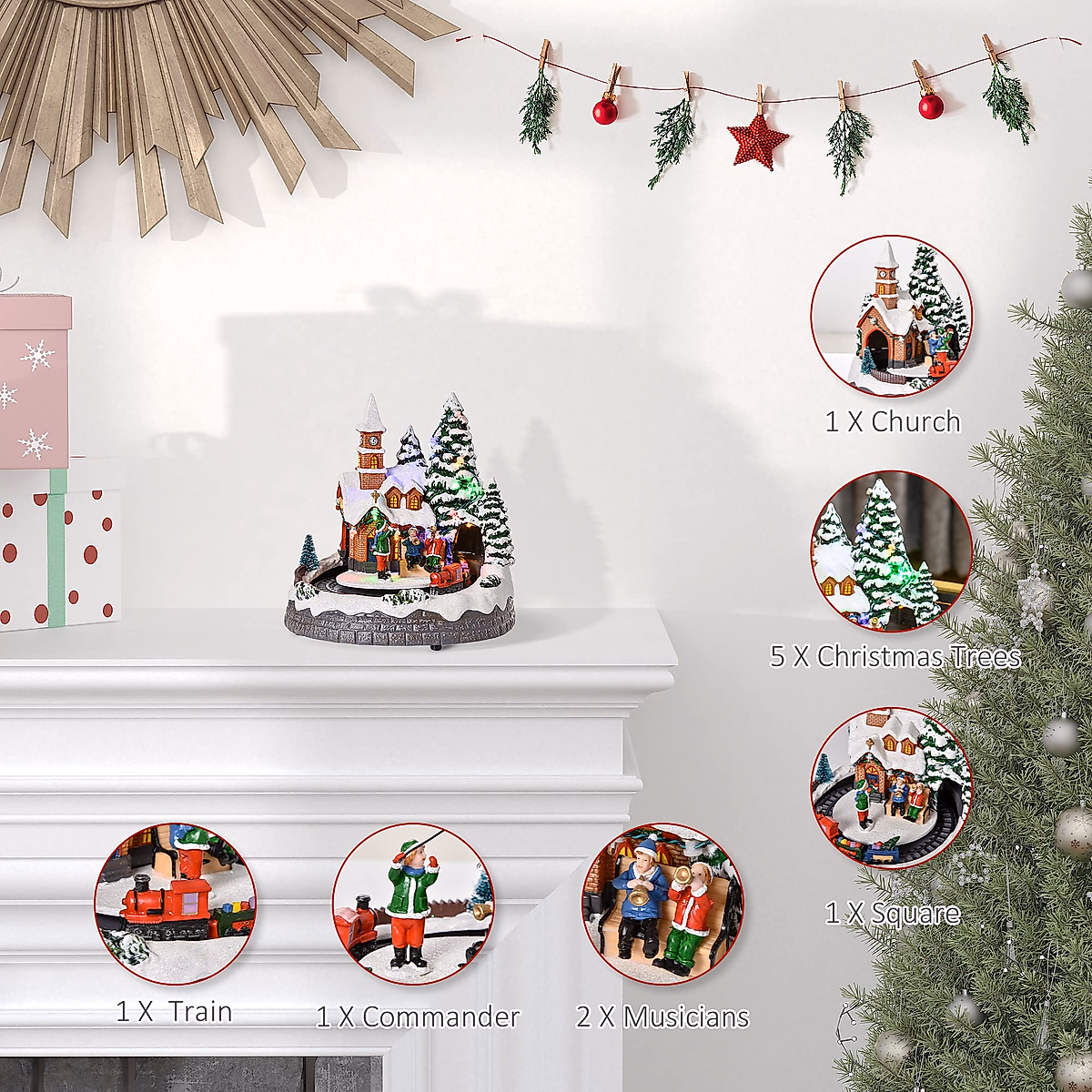 HOMCOM Animated Christmas Village, Pre-lit Musical Collectable Decor with Moving Train for Indoor Holiday Displays, Built-in LED Lights for Tabletop