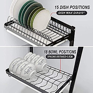Kitchen Dish Rack,Hanging Drying Plate Organizer Storage Shelf over the Sink,junyuan 2 Tier Wall Mount Bowl Holder with Drain Tray With 3 Hooks,Stainless Steel Black Coating (2 Tier, 16)